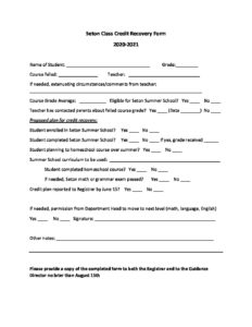 Seton Class Credit Recovery Form | Seton School Manassas